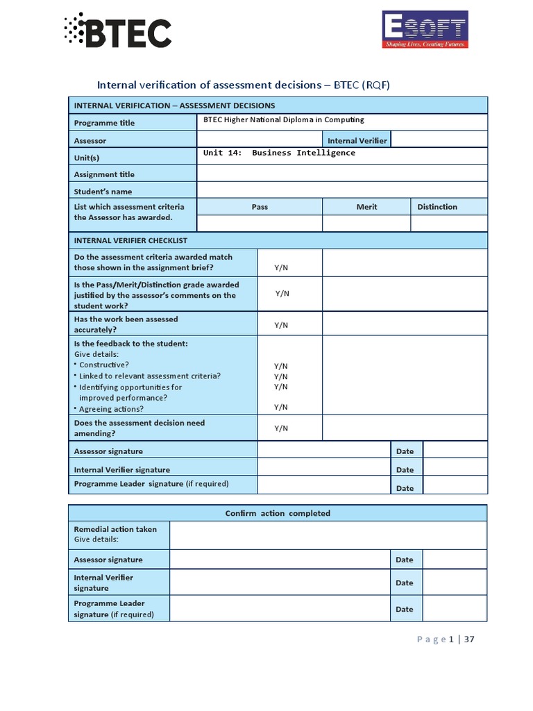 Internal Verification of Assessment Decisions - BTEC (RQF) : BTEC Higher National Diploma in ...