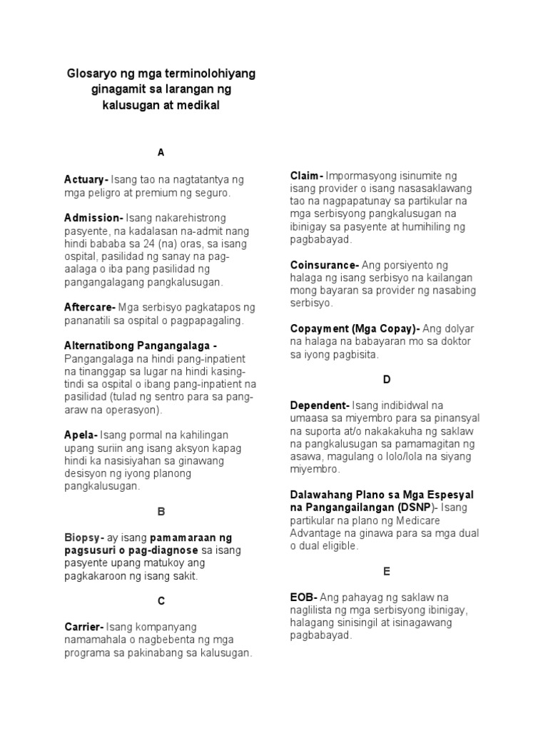 Glosaryo NG Mga Terminolohiyang Ginagamit Sa Larangan NG Kalusugan at ...