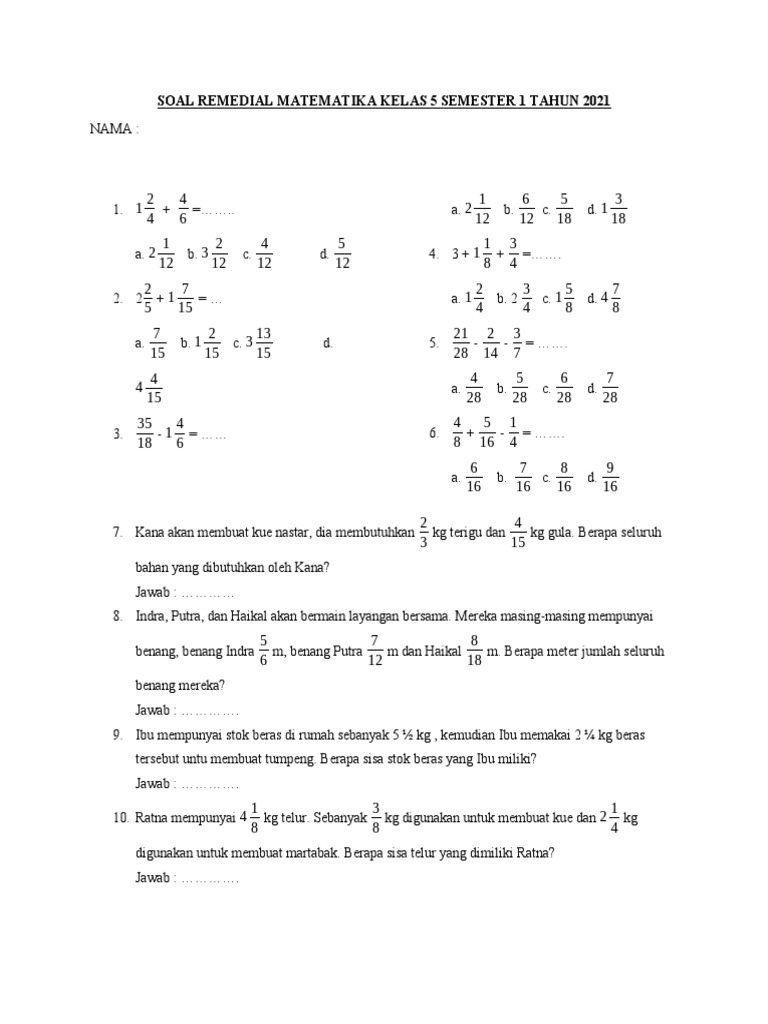 Soal Remedial Matematika Kelas 5 Semester 1 Tahun 2021 | PDF