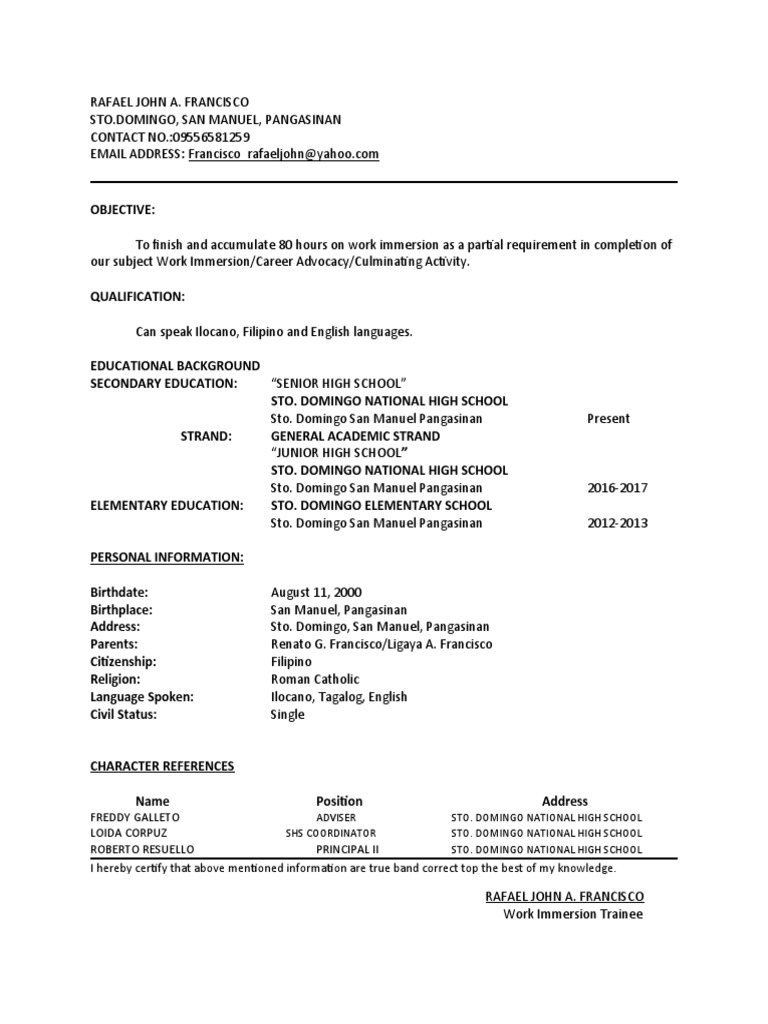 Work Immersion Resume | PDF | Tagalog Language | Curriculum