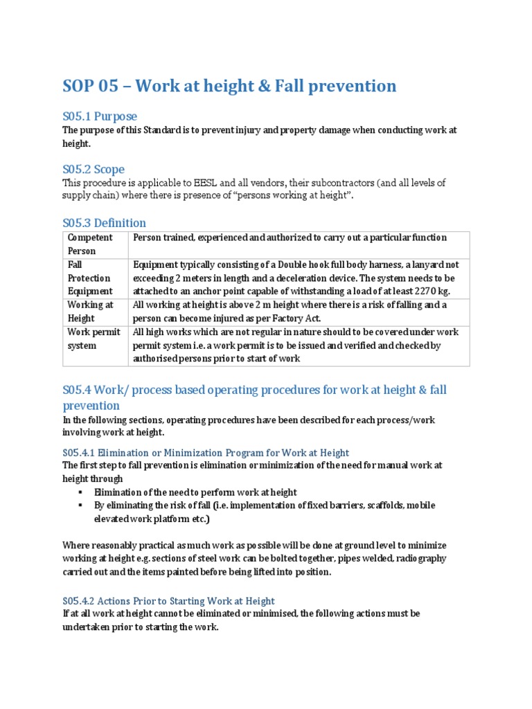 SOP 05 - Work at Height & Fall Prevention | PDF | Scaffolding | Safety