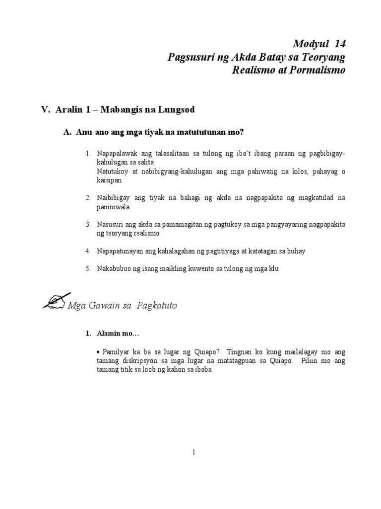 Modyul 14 Pagsusuri NG Akda Batay Sa Teoryang Realismo | PDF