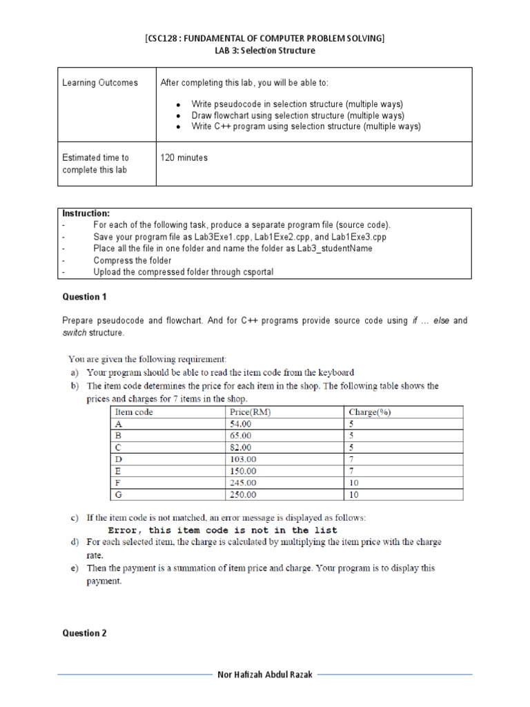 (Csc128: Fundamental of Computer Problem Solving) LAB 3: Selection Structure | PDF | Computer ...