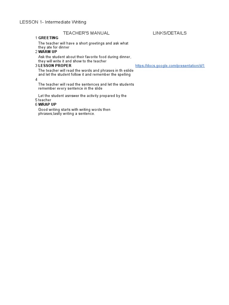 LESSON 1-Intermediate Writing Teacher'S Manual Links/Details | PDF