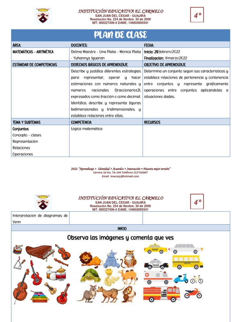 Plan de Clase 4° Matematicas | PDF | Conjunto (Matemáticas) | Matemáticas