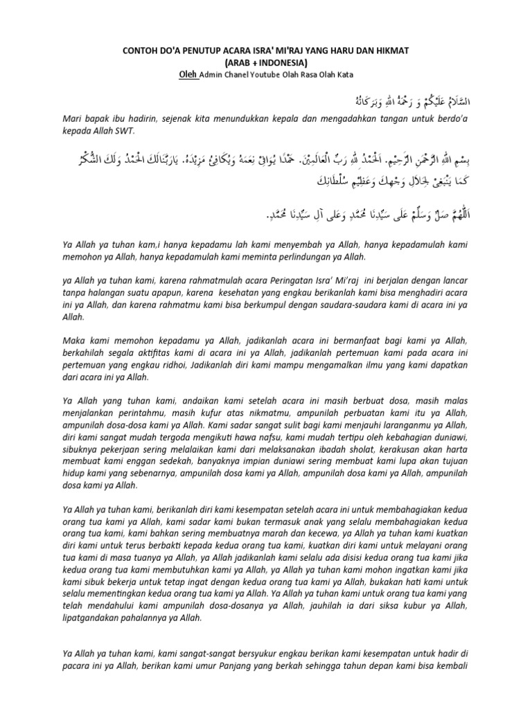 Contoh Do'a Penutup Acara Isra' Mi'raj Yang Haru Dan Hikmat (Arab + Indonesia) | PDF