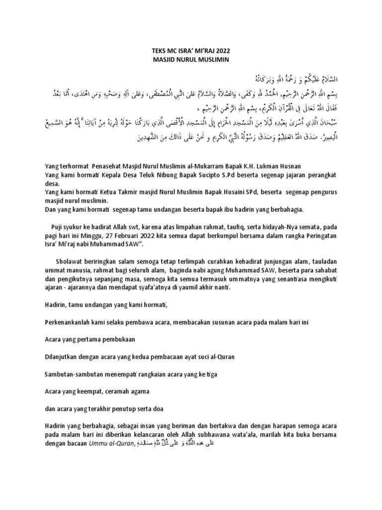 MC Isra' Mi'Raj 2022 Nurul Muslimin | PDF