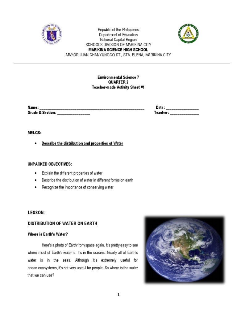 EnviSci Activity Q2 Sheet 1 | PDF | Water | Properties Of Water