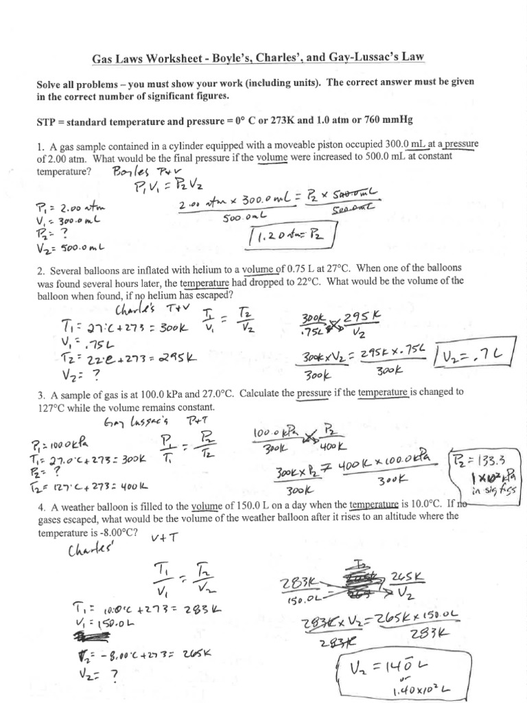 Gas Laws Worksheet 2 Key | PDF