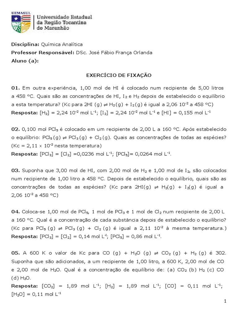 3a Atividade - Constante de Equilíbrio | PDF | Equilíbrio químico ...