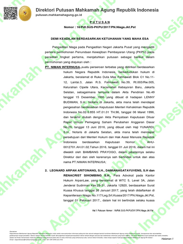 Putusan 16 PDT - Sus-Pkpu 2017 PN - Niaga.jkt - PST 20210421 | PDF