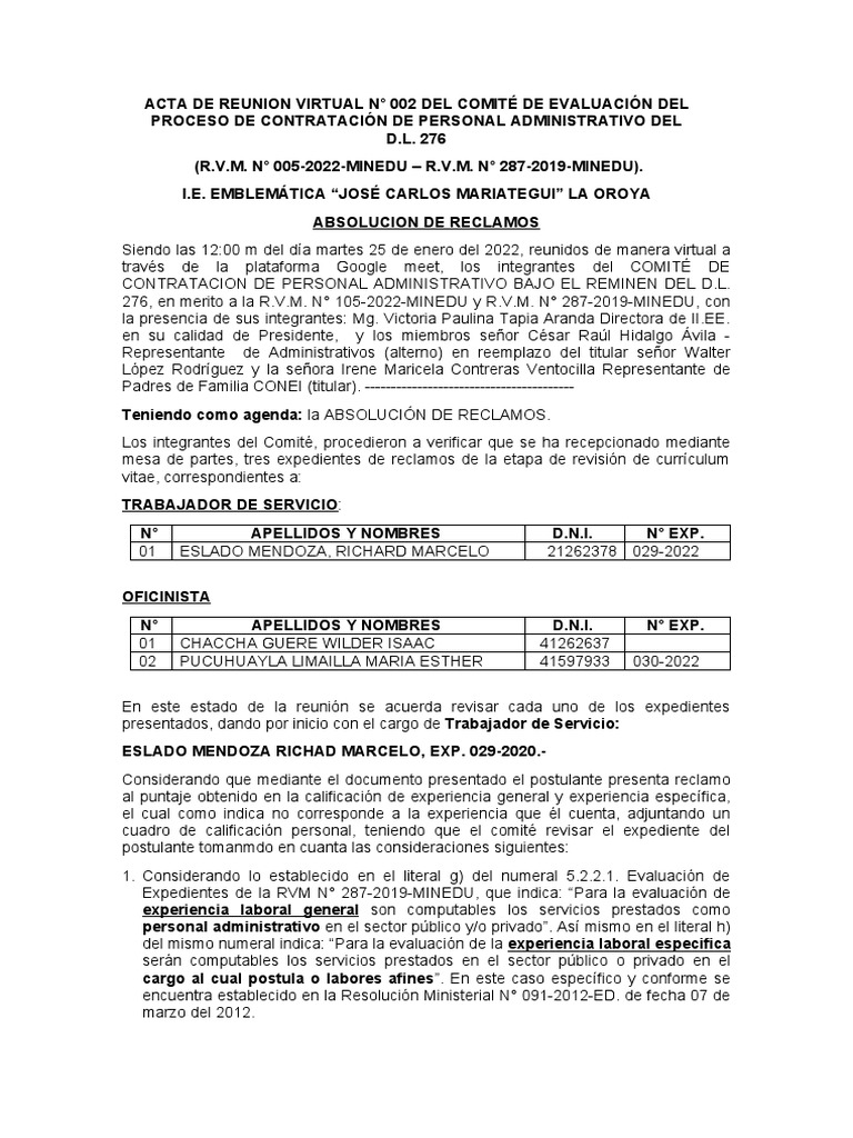 Acta de Reunion Virtual N 002-Absolucion de Reclamos | PDF | Finanzas y administración del dinero
