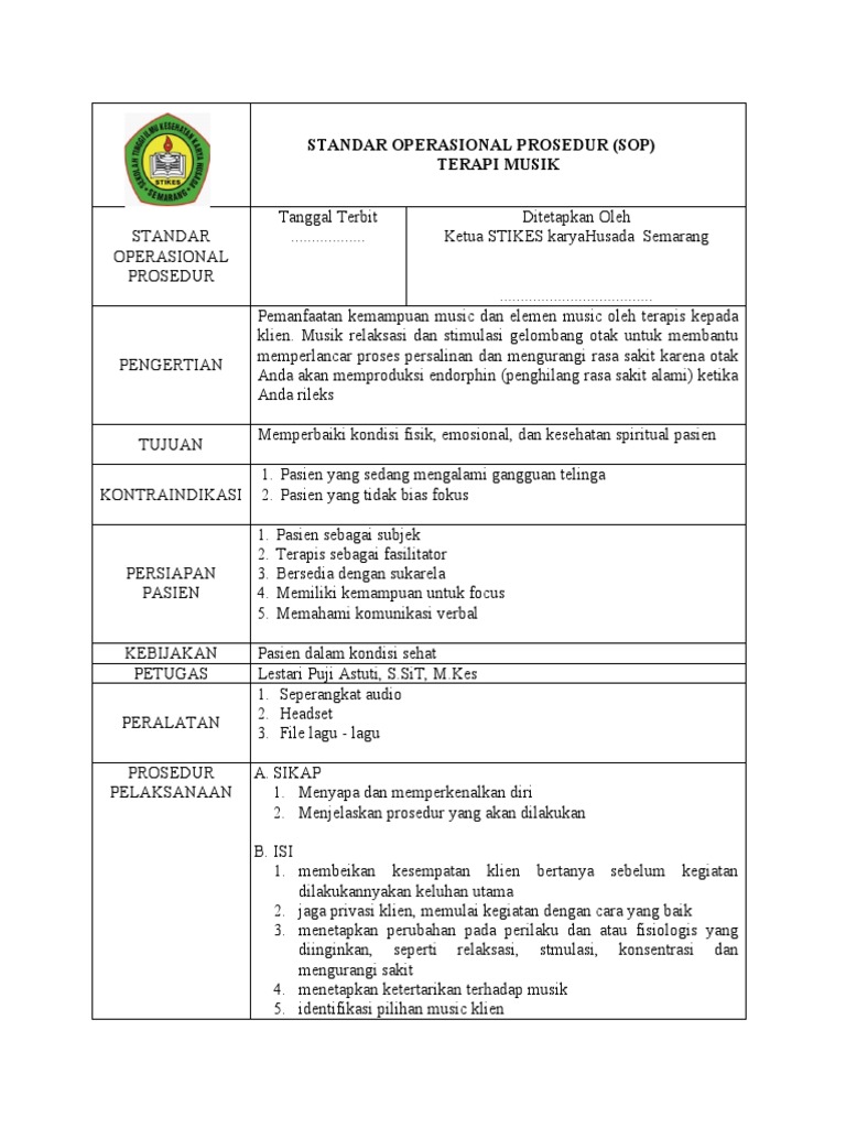 SOP Terapi Musik untuk Kesehatan Pasien | PDF | Pengembangan Diri