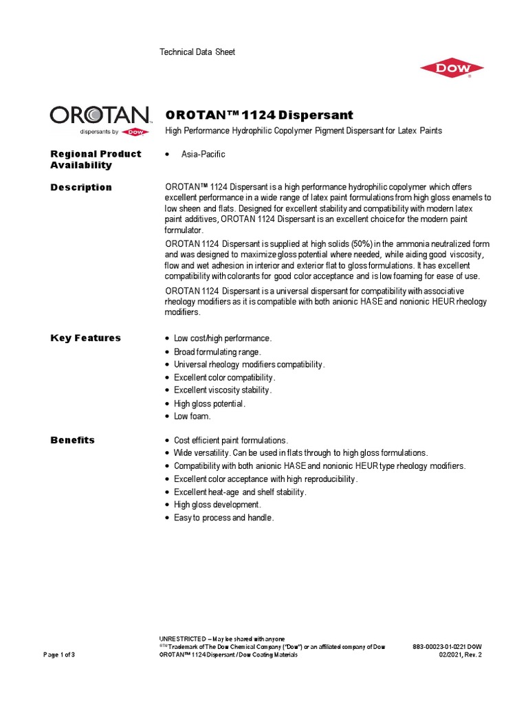 OROTAN™ 1124 Dispersant: Regional Product Availability Description ...