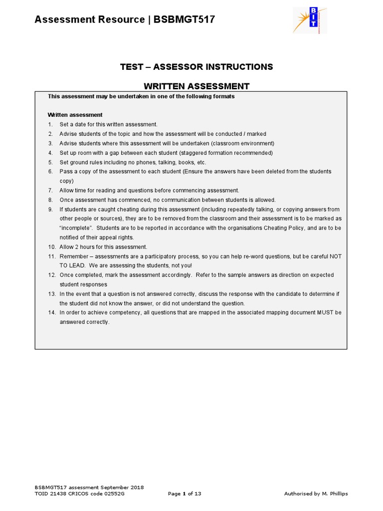 Assessment Resource - BSBMGT517: Test - Assessor Instructions Written ...