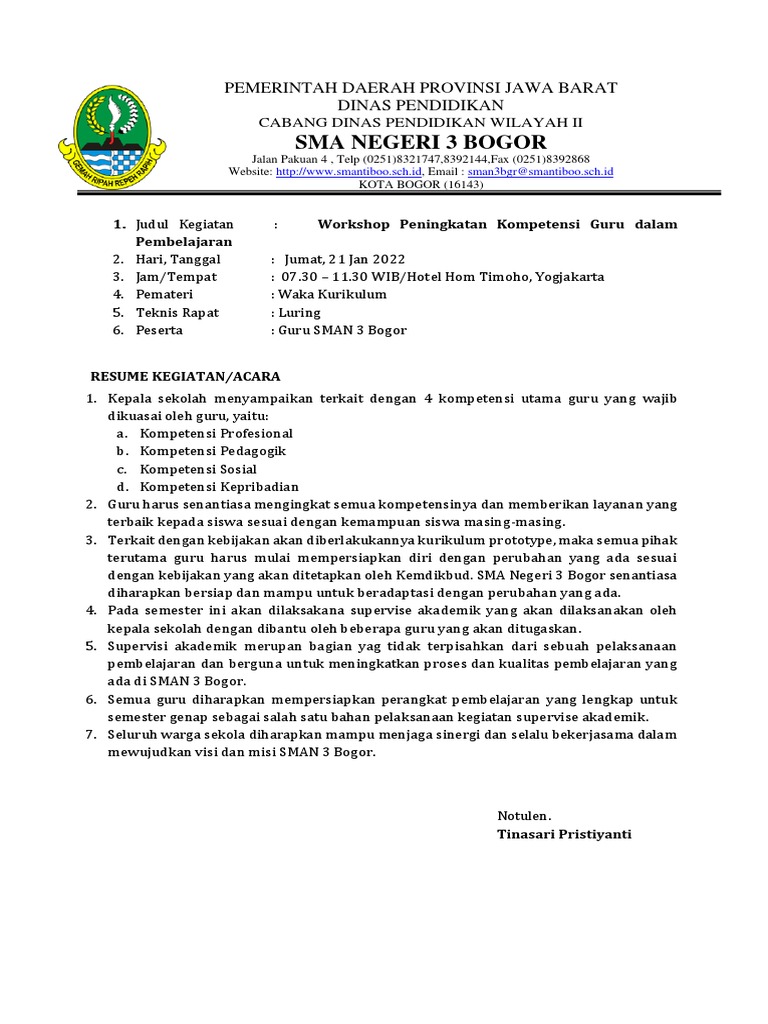 Notulen Workshop Peningkatan Kompetensi Guru OHT - Jumat 21 Jan 2022 | PDF