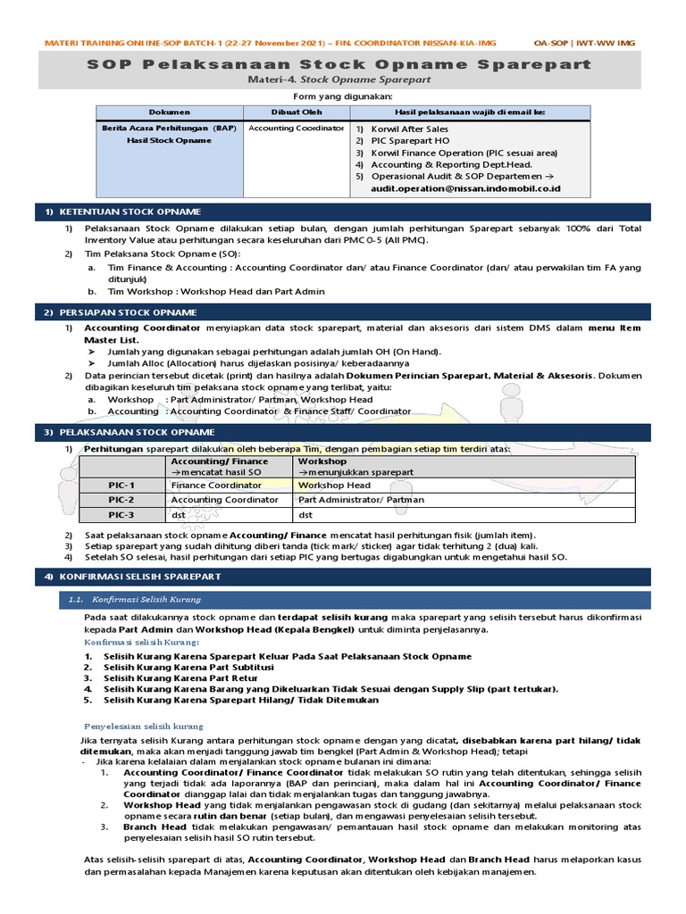 Summary SOP Pelaksanaan Stock Opname Sparepart | PDF