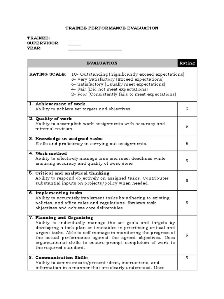 Trainee Performance Evaluation Template | PDF | Performance Appraisal ...