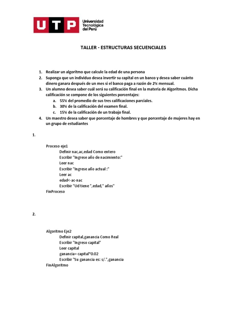 TALLER 2 - Estructuras Secuenciales-1 | PDF