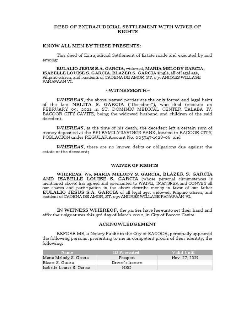 Toaz - Info Deed of Extrajudicial Settlement With Waiver Bank Account ...