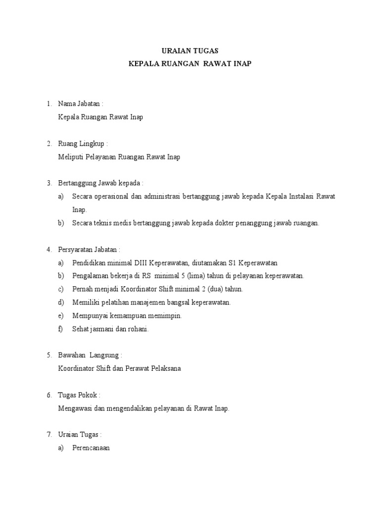 Uraian Tugas Kepala Ruangan Ranap | PDF | Pengembangan Diri | Kesehatan Holistik
