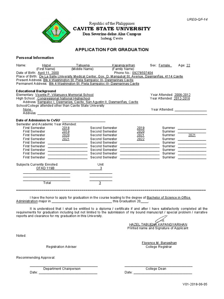 CvSU Graduation Application Form | PDF | Academic Term | Academia