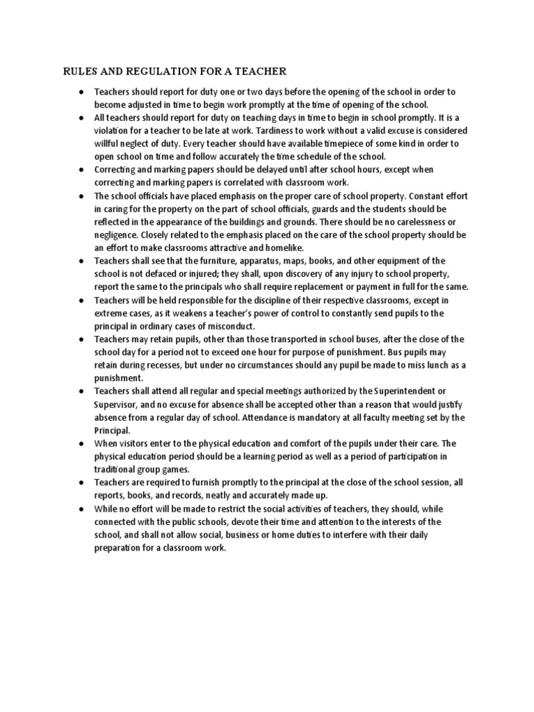 Rules and Regulation For A Teacher | PDF | Teachers | Justice