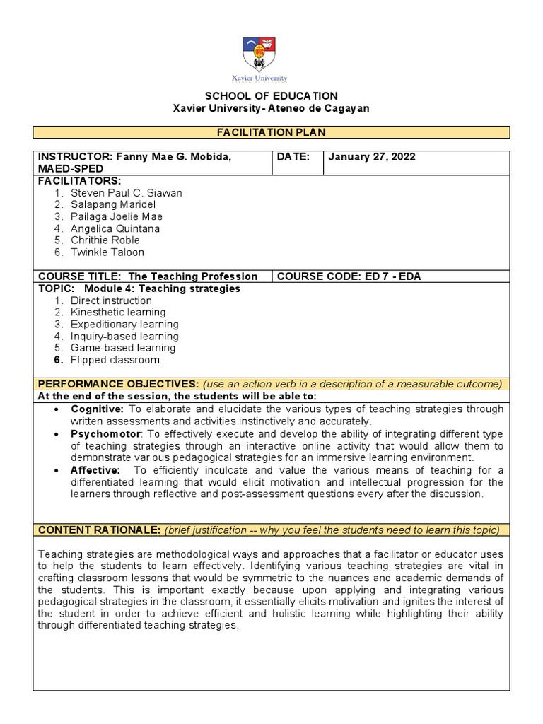 Teaching Strategies Facilitation Plan | PDF | Inquiry Based Learning ...