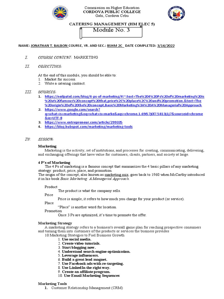 Module No. 3: Catering Management (HM Elec 5) | PDF | Marketing | Search Engine Optimization