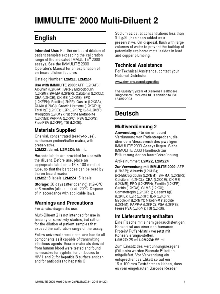 Immulite 2000 Multi-Diluent 2: English | PDF | Medical Specialties