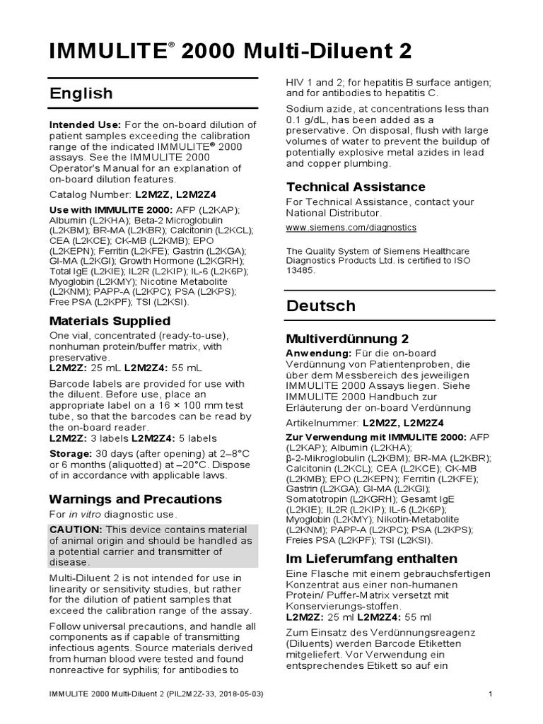 Immulite 2000 Multi-Diluent 2: English | PDF | Medical Specialties