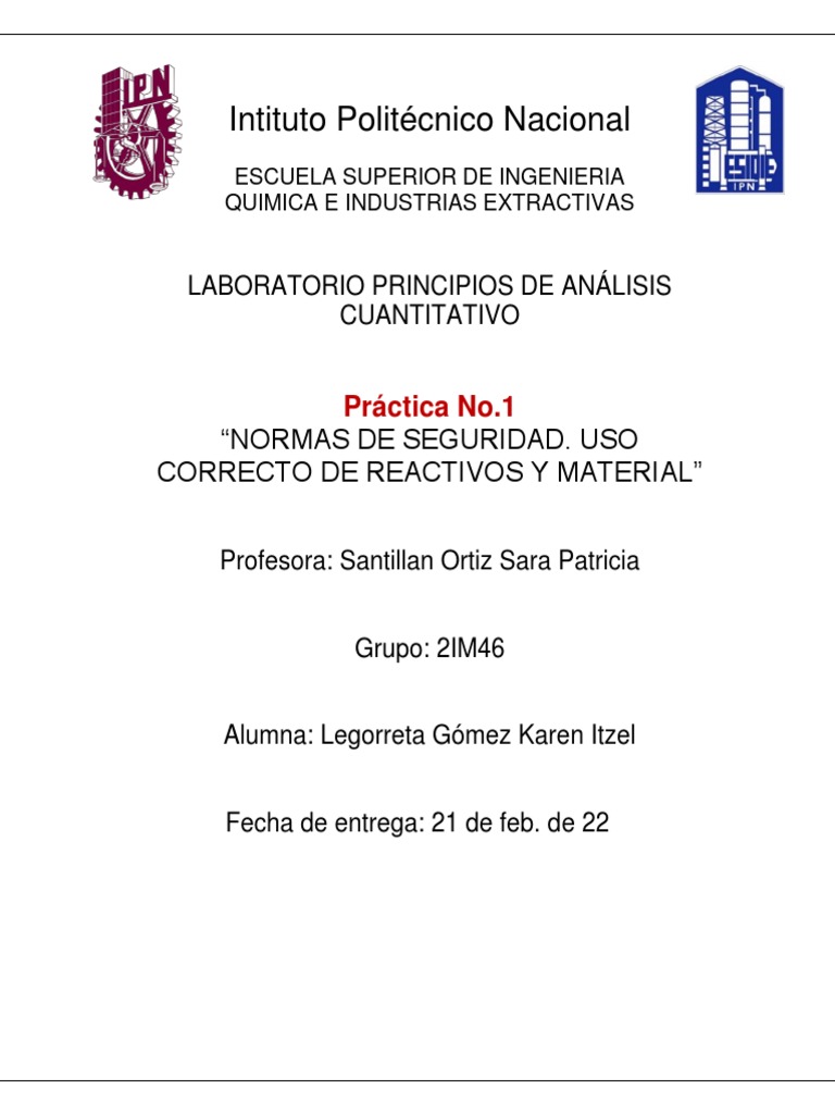 PRÁCTICA No. 1"NORMAS DE SEGURIDAD. USO CORRECTO DE REACTIVOS Y MATERIAL" | PDF | Laboratorios ...