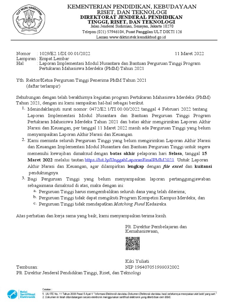Surat Cut Off - PMM Tahun 2021 | PDF