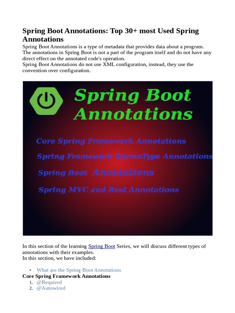 Spring Boot Annotations: Top 30+ Most Used Spring Annotations | PDF | Spring Framework | Class ...