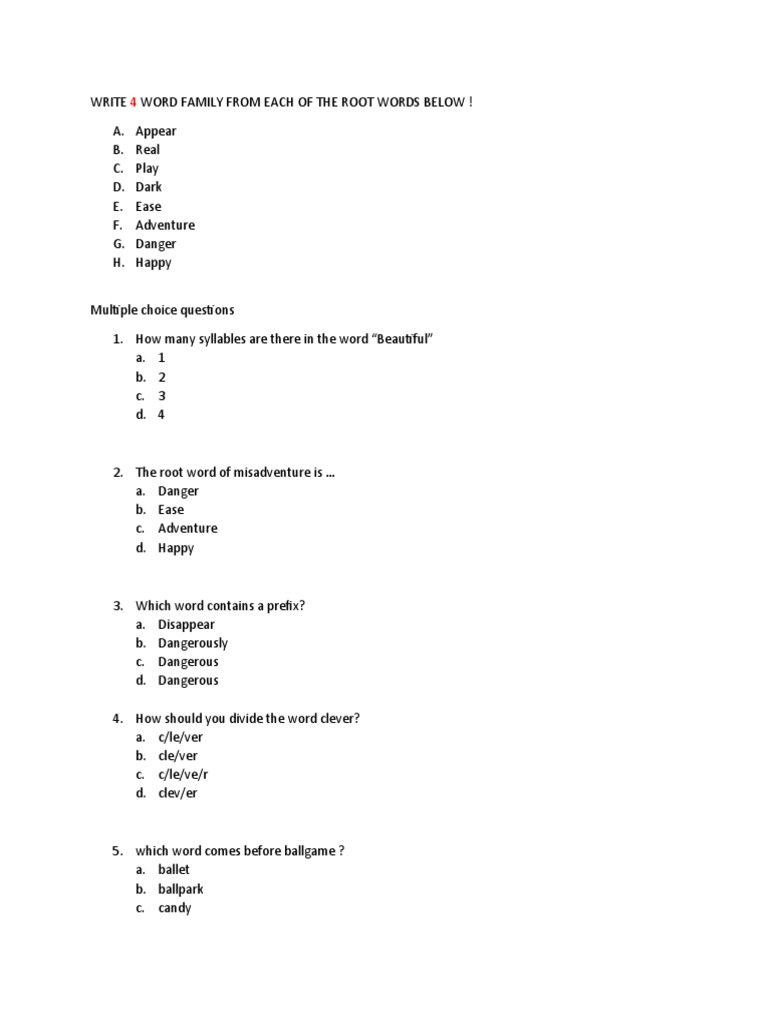 Write 4 Word Family From Each of The Root Words Below | PDF