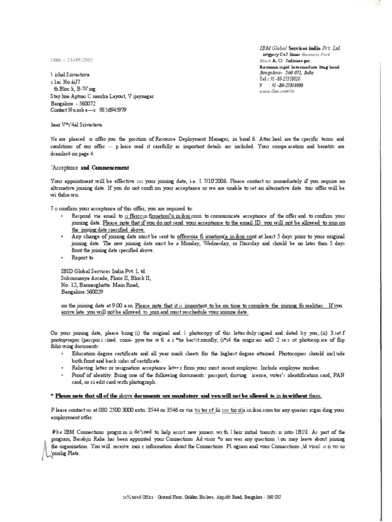 IBM Job Offer Letter Details 2024 | PDF