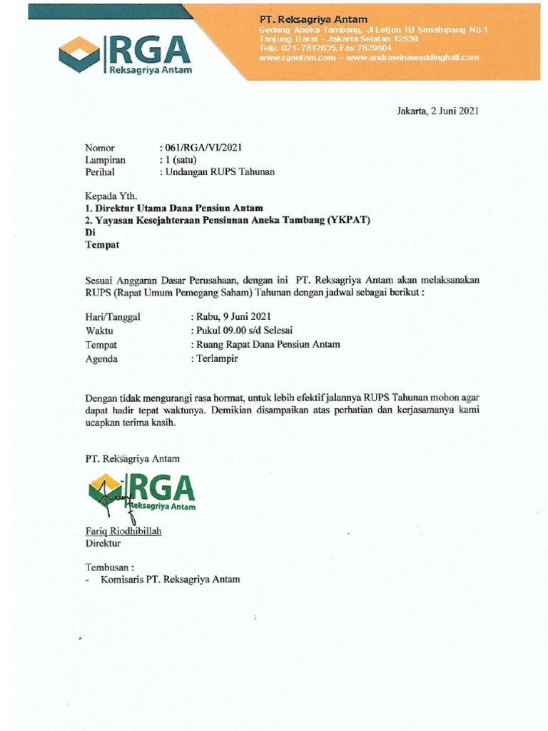 061 Undangan RUPS Tahunan PT RGA 2020 | PDF