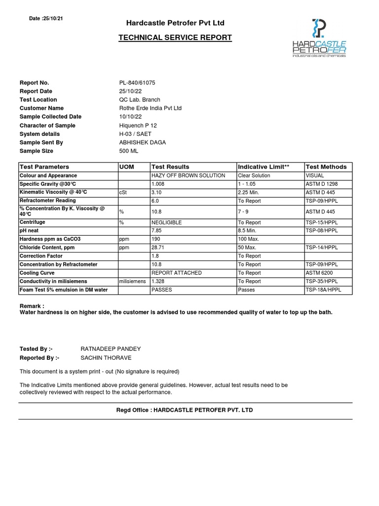 Hardcastle Petrofer PVT LTD Technical Service Report: Test Parameters ...