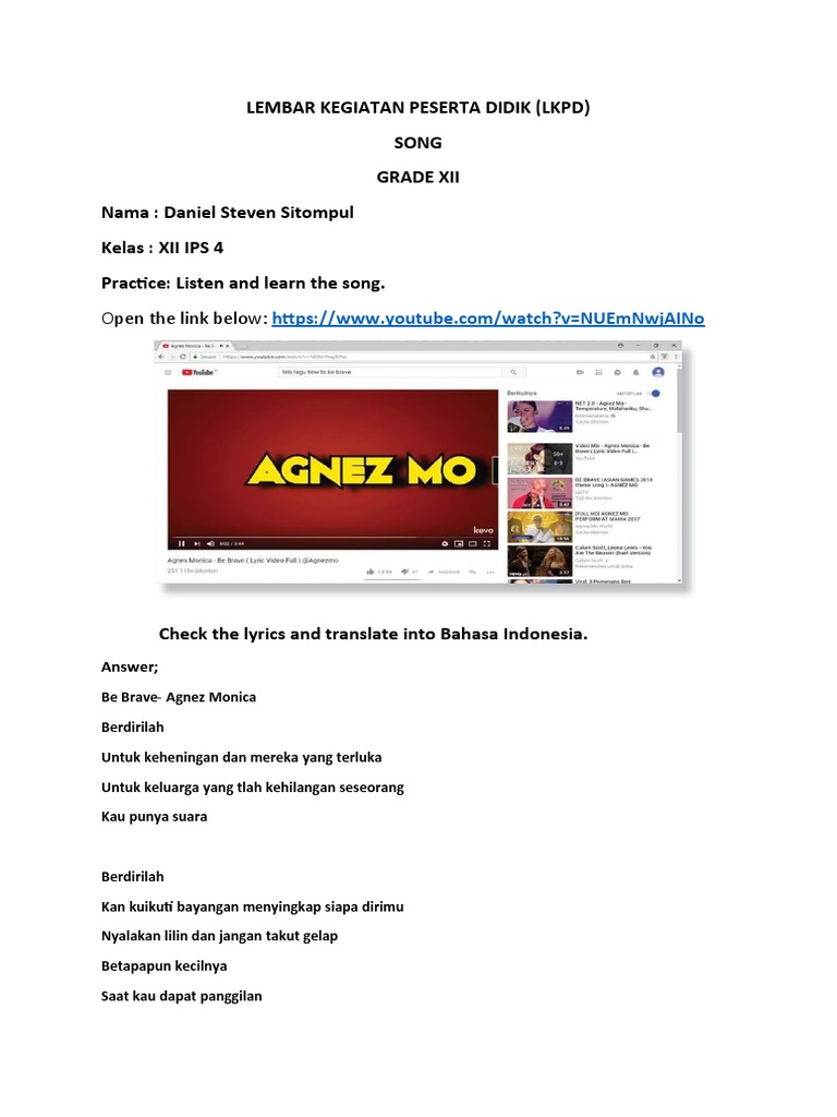 Lembar Kegiatan Peserta Didik (LKPD) Song Grade Xii Nama: Daniel Steven Sitompul Kelas: XII IPS ...