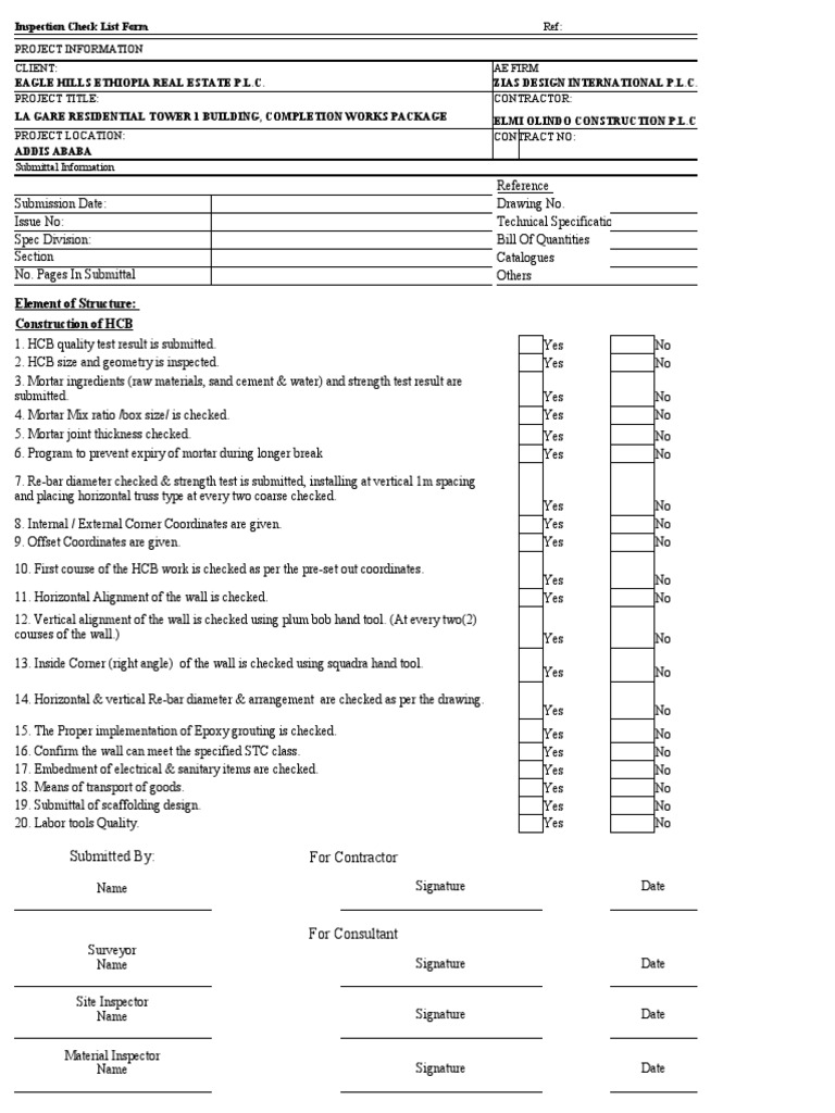 Element of Structure: Construction of HCB: Submitted By: For Contractor ...