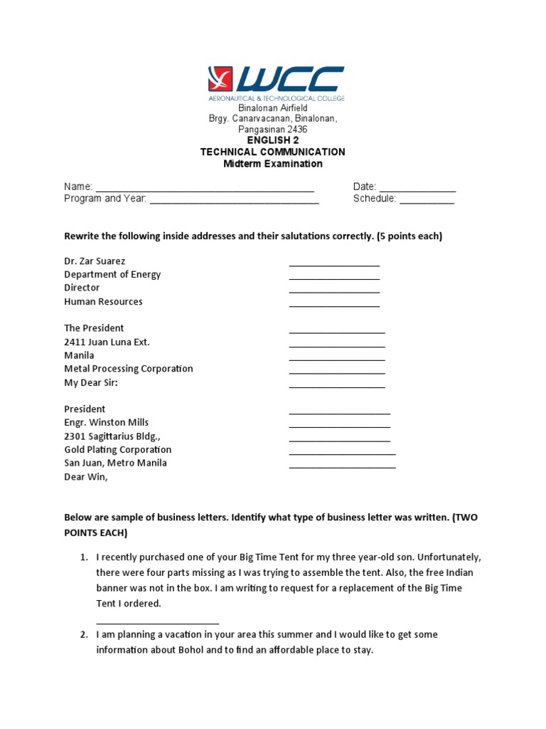 Rewrite The Following Inside Addresses and Their Salutations Correctly ...