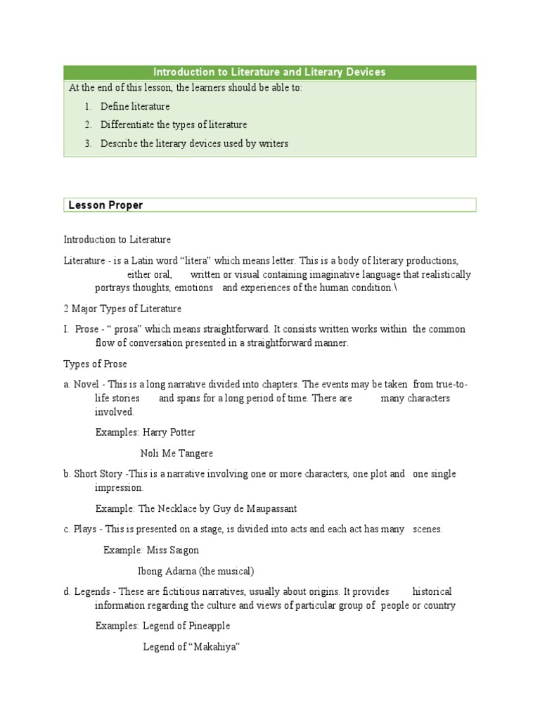 Introduction To Literature and Literary Devices: Lesson Proper | PDF ...