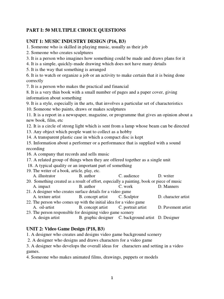Part I: 50 Multiple Choice Questions Unit 1: Music Industry Design (P16 ...