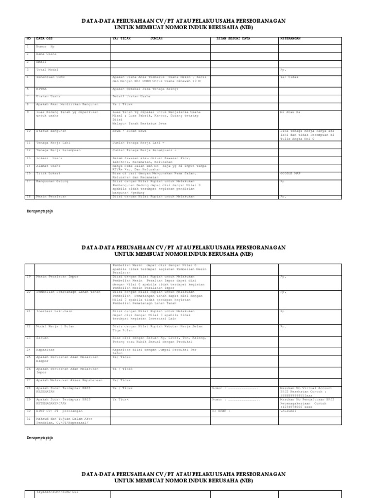 Data Yg Harus Di Isi Di Oss | PDF