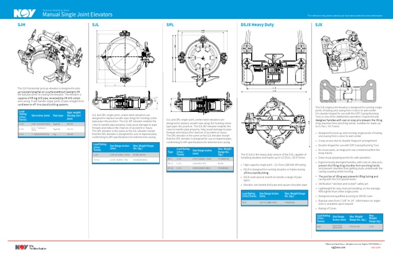 Manual Single Joint Elevators Spec Sheet | PDF | Elevator | Tools