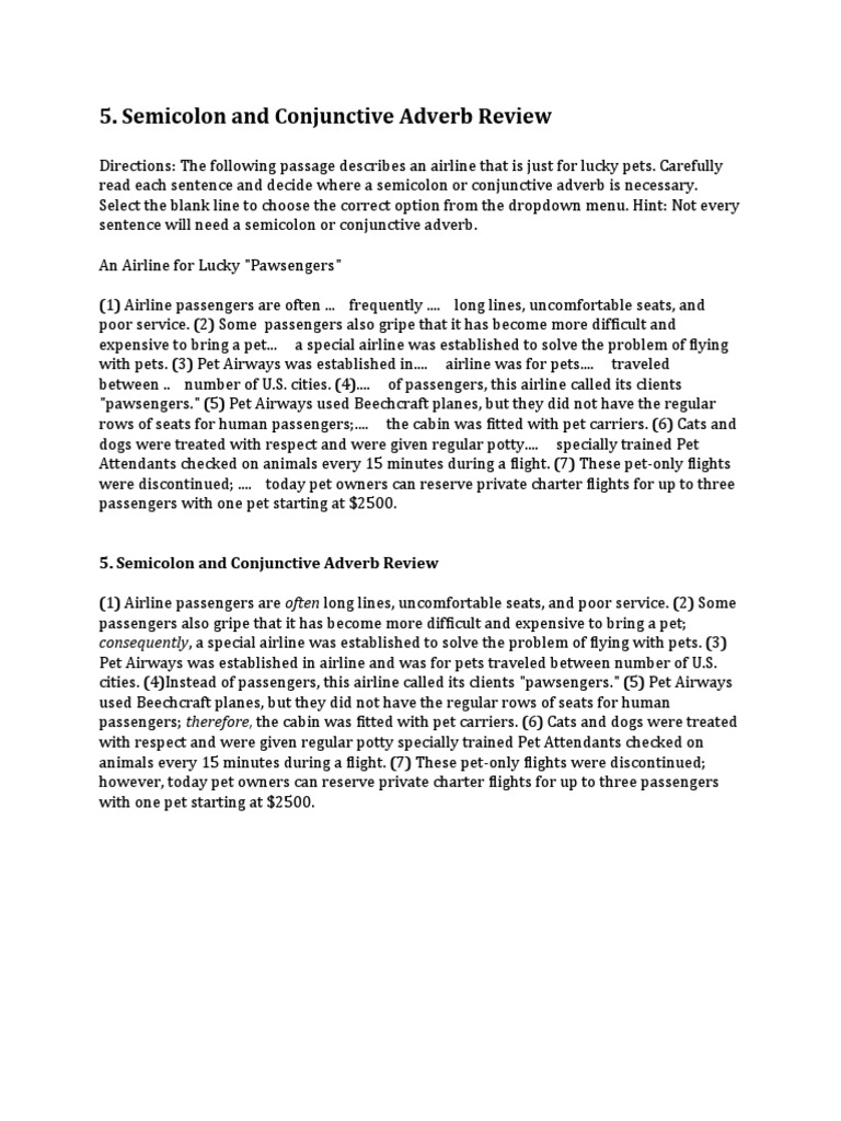Semicolon and Conjunctive Adverb Review | PDF