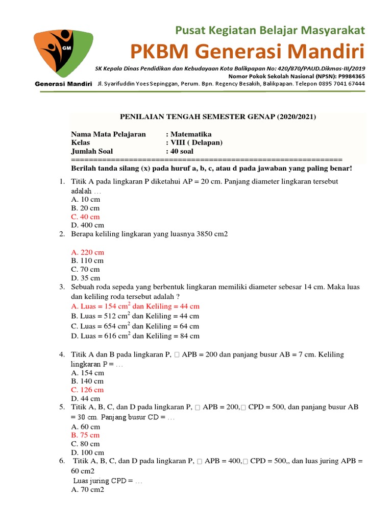 KISI 8 Matematika PTS Genap | PDF | Metode & Bahan Ajar | Griya & Taman