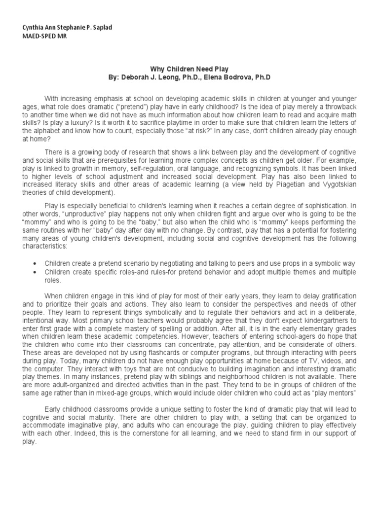 Importance of Play in Child Development | PDF | Teachers | Classroom