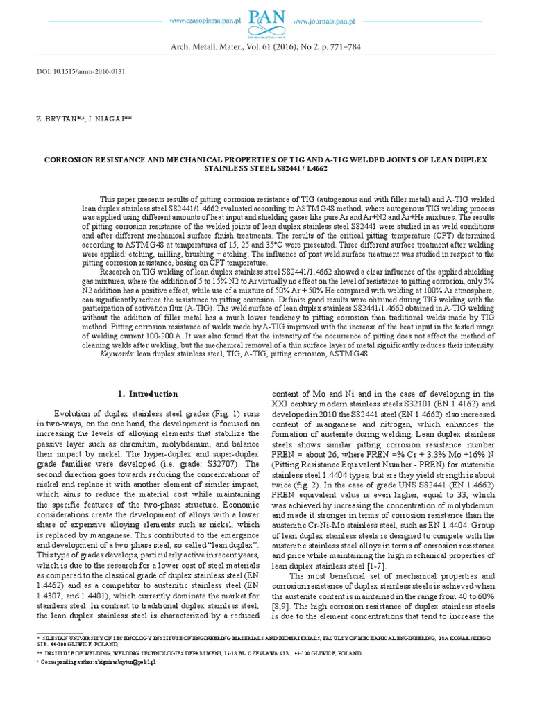 Corrosion Resistance and Mechanical Properties of TIG and A-TIG Welded ...