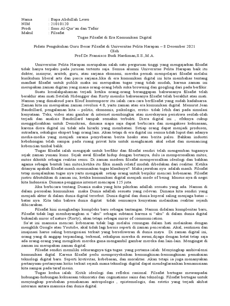 Tugas Filsafat Di Era Komunikasi Digital. Abdullah Fiks 2 | PDF Tugas Filsafat Di Era Komunikasi Digital. Abdullah Fiks 2 | PDF